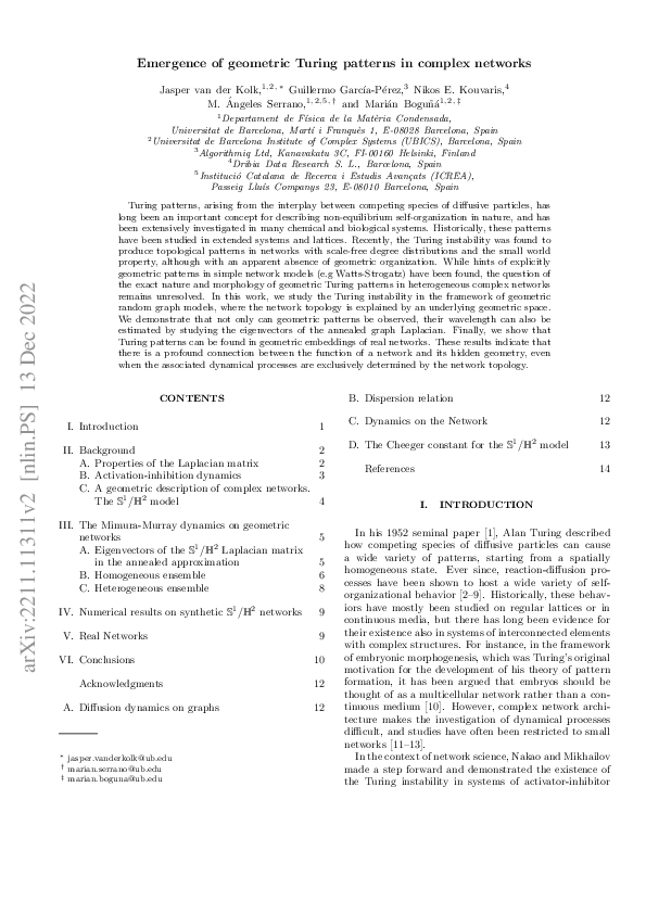 (PDF) Emergence of geometric Turing patterns in complex networks | M. Angeles Serrano - Academia.edu