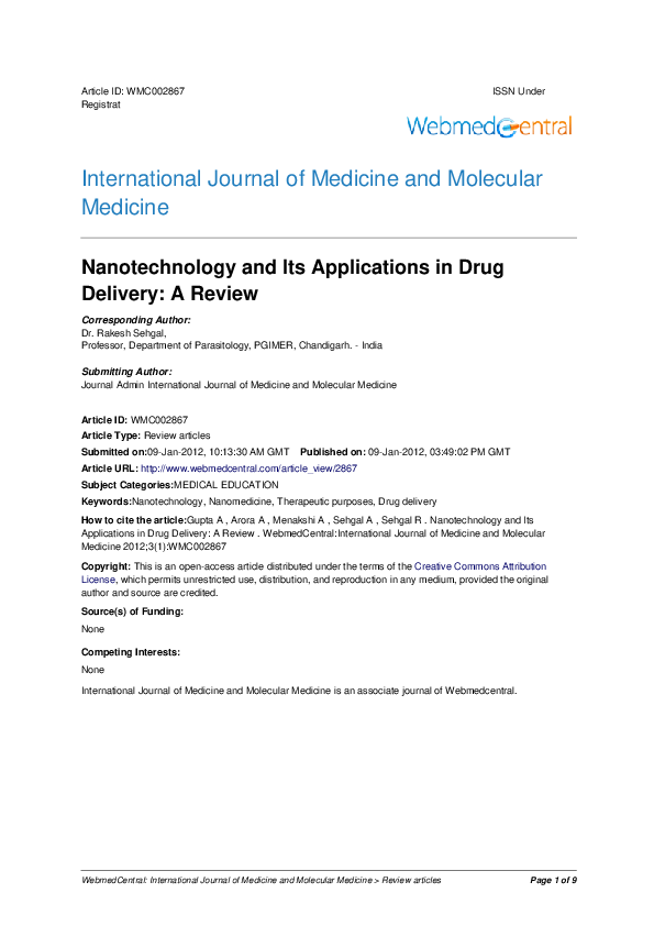 (PDF) Nanotechnology and Its Applications in Drug Delivery: A Review