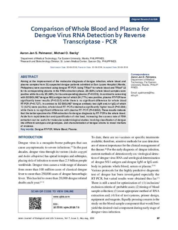 (PDF) Comparison of whole blood and plasma for dengue virus RNA ...