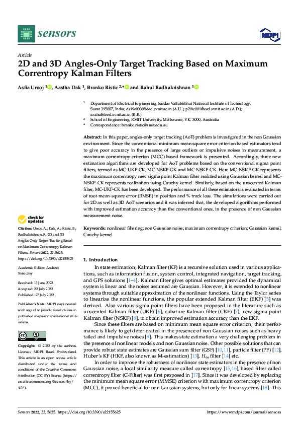 (PDF) 2D and 3D Angles-Only Target Tracking Based on Maximum Correntropy Kalman Filters | Aastha ...