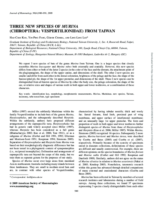 (PDF) Three New Species of Murina (Chiroptera: Vespertilionidae) from ...