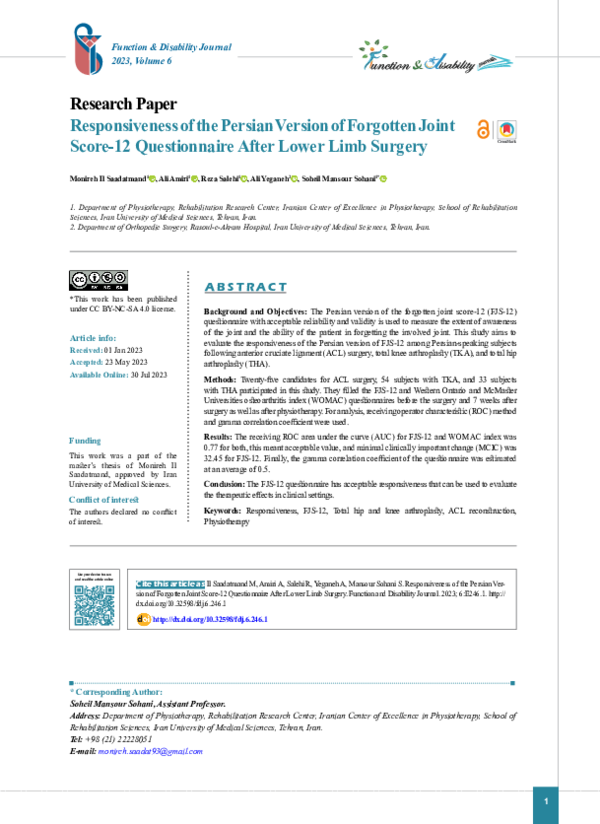 (PDF) Responsiveness of the Persian Version of Forgotten Joint Score-12 ...