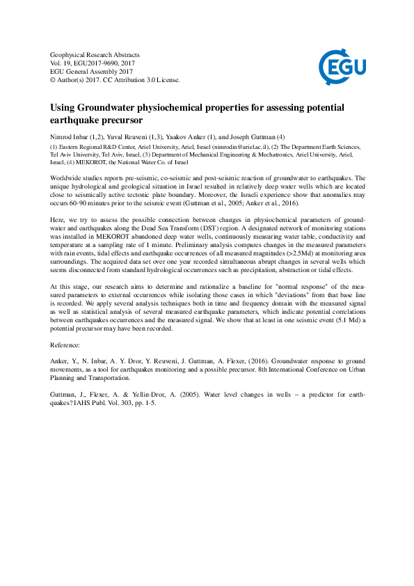 (PDF) Using Groundwater physiochemical properties for assessing potential earthquake precursor