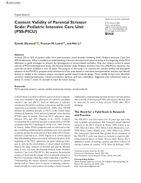 (PDF) Content Validity of Parental Stressor Scale: Pediatric Intensive ...