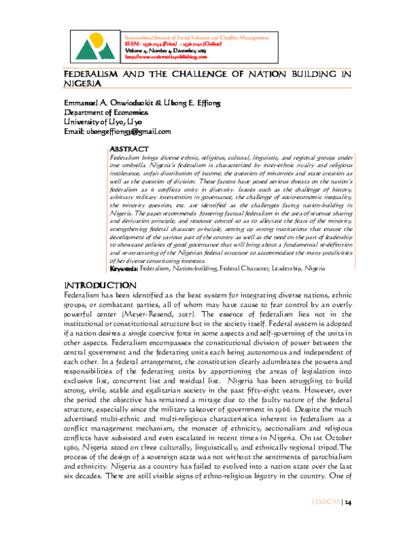 (PDF) FEDERALISM AND THE CHALLENGE OF NATION BUILDING IN NIGERIA