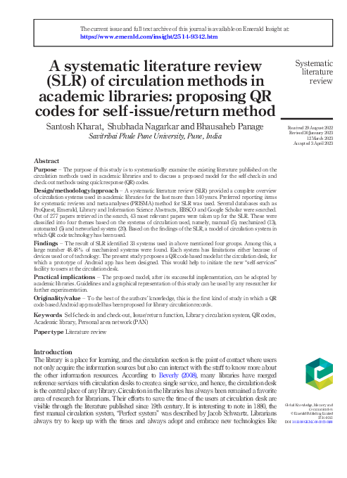 (PDF) A systematic literature review (SLR) of circulation methods in academic libraries ...