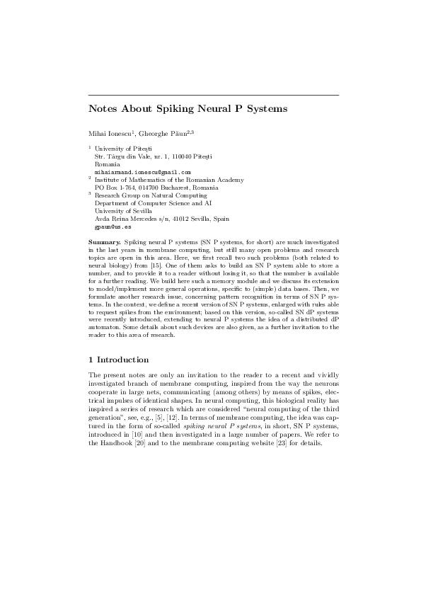 Pdf Notes About Spiking Neural P Systems