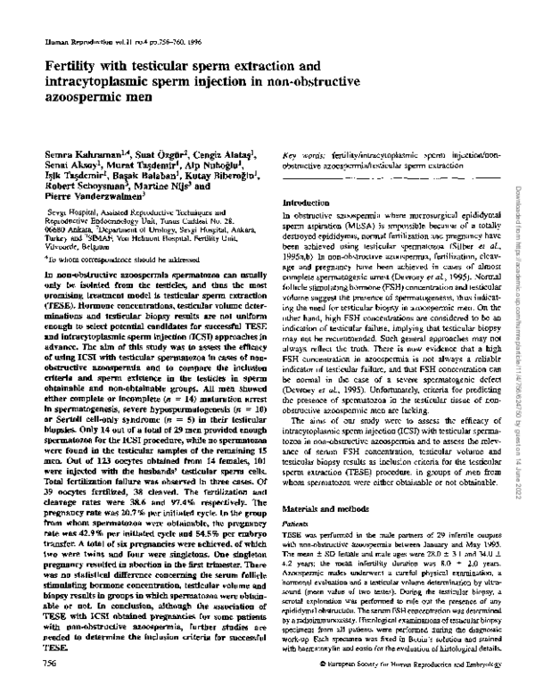 Pdf Fertility With Testicular Sperm Extraction And Intracytoplasmic Sperm Injection In Non