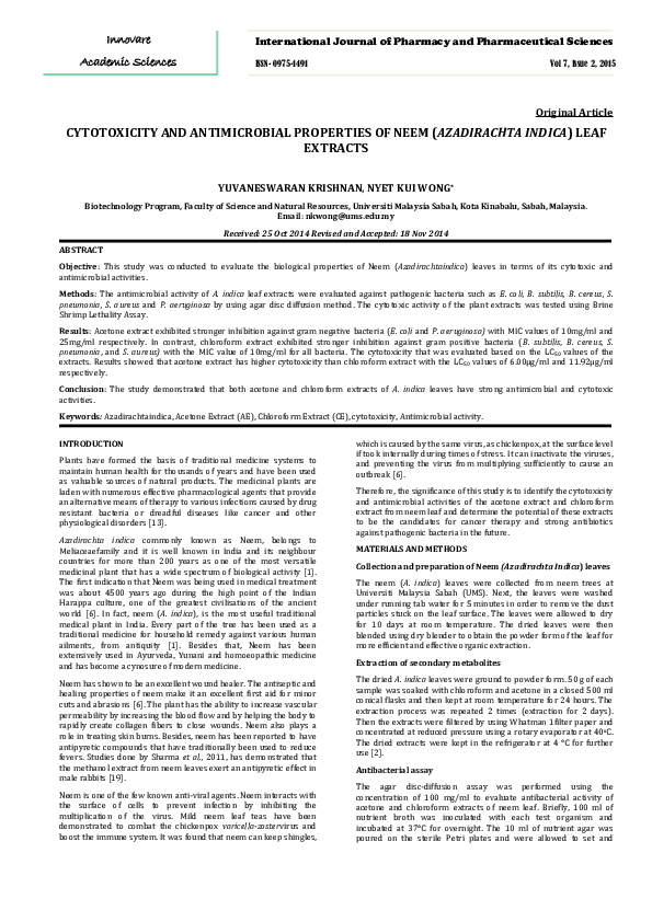 (PDF) CYTOTOXICITY AND ANTIMICROBIAL PROPERTIES OF NEEM (AZADIRACHTA INDICA) LEAF EXTRACTS ...