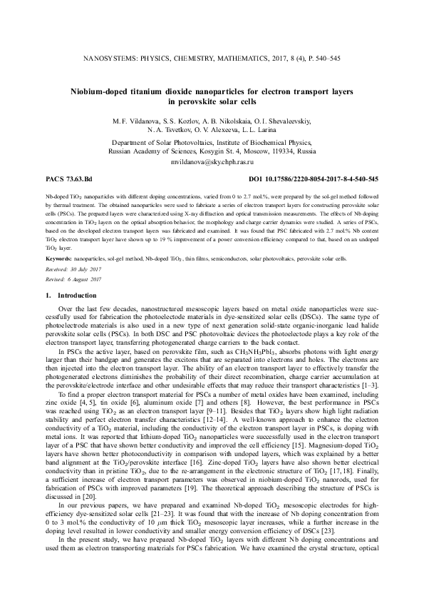 (PDF) Niobium-doped titanium dioxide nanoparticles for electron ...