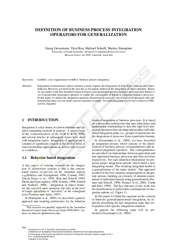 (PDF) Definition of Business Process Integration Operators for Generalization