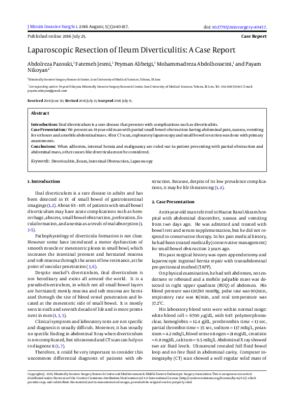 (PDF) Laparoscopic Resection of Ileum Diverticulitis: A Case Report