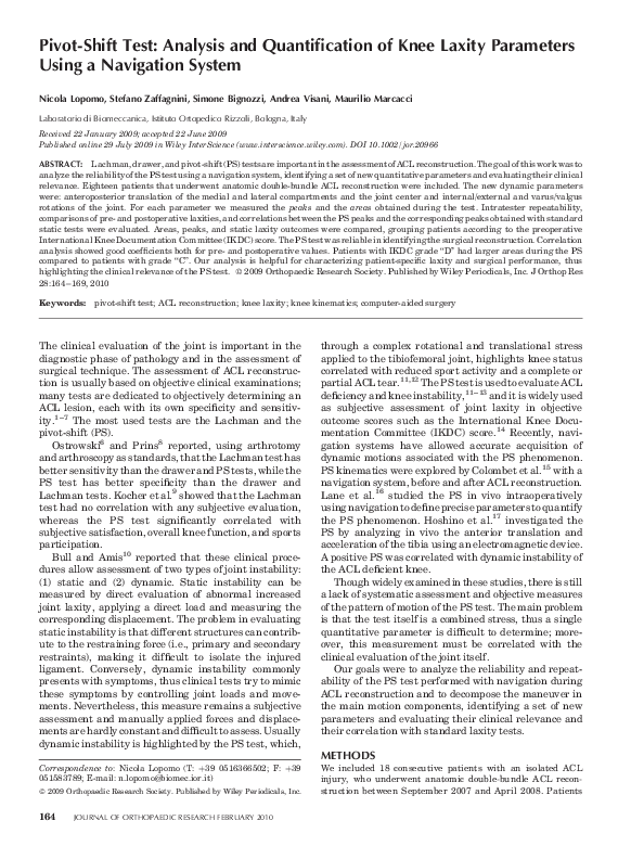 (PDF) Pivot-shift test: Analysis and quantification of knee laxity ...