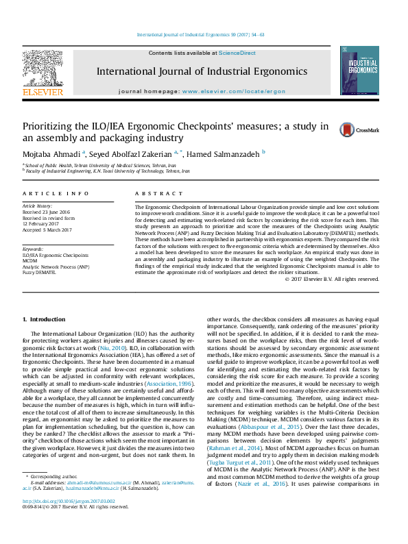 (PDF) Prioritizing the ILO/IEA Ergonomic Checkpoints' measures; a study in an assembly and ...