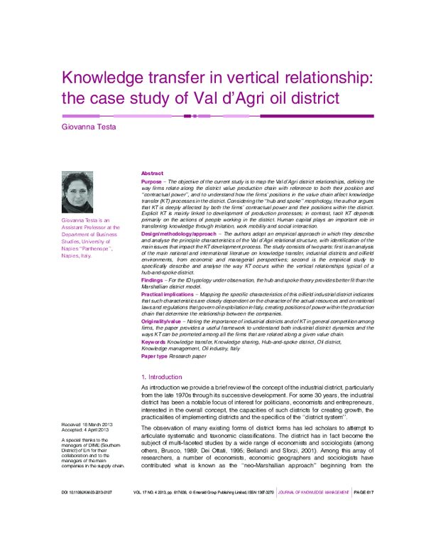 (PDF) Knowledge transfer in vertical relationship: the case study of Val d'Agri oil district