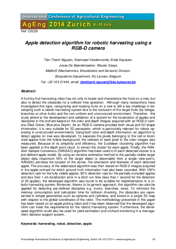 (PDF) Apple detection algorithm for robotic harvesting using a RGB-D camera
