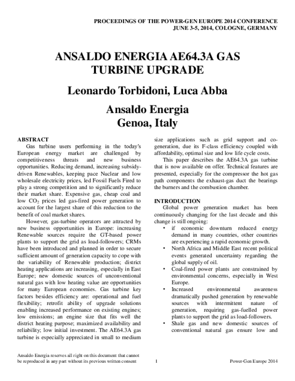 (PDF) Ansaldo Energia AE64.3A Gas Turbine Upgrade