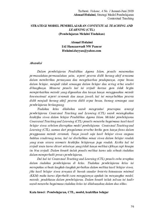 (PDF) STRATEGI MODEL PEMBELAJARAN CONTEXTUAL TEACHING AND LEARNING (CTL) DAN KEAKTIFAN SISWA ...