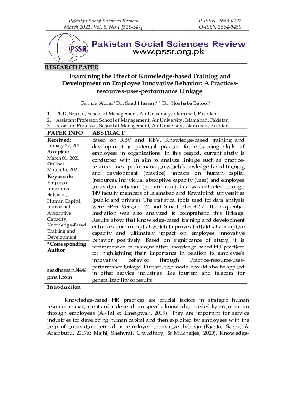 (PDF) Examining the Effect of Knowledge-based Training and Development on Employee Innovative ...