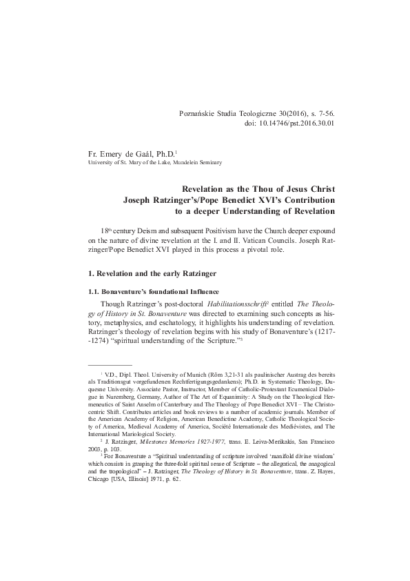 (PDF) Revelation as the Thou of Jesus Christ Joseph Ratzinger’s/Pope ...