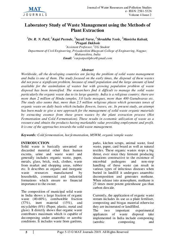(PDF) Laboratory Study of Waste Management using the Methods of Plant Extraction