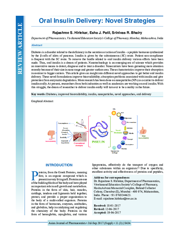 (PDF) Oral Insulin Delivery: Novel Strategies