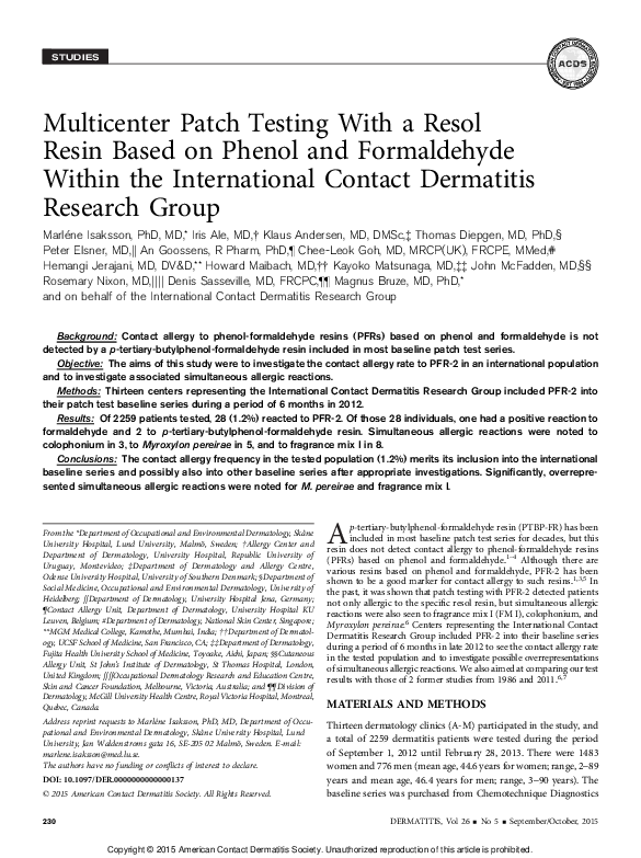 (PDF) Multicenter Patch Testing With a Resol Resin Based on Phenol and ...
