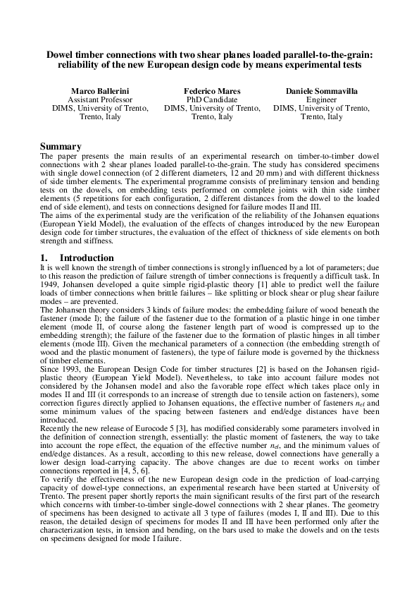 (PDF) Dowel timber connections with two shear planes loaded parallel-to ...
