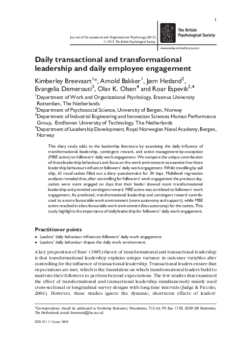(PDF) Daily transactional and transformational leadership and daily employee engagement