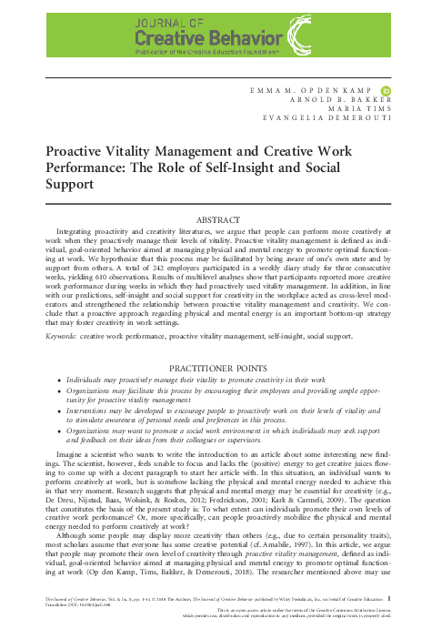(PDF) Proactive Vitality Management and Creative Work Performance: The Role of Self‐Insight and ...