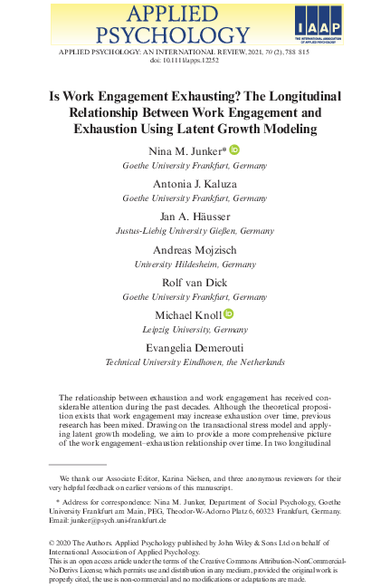 (PDF) Is Work Engagement Exhausting? The Longitudinal Relationship Between Work Engagement and ...