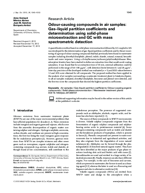(PDF) Odour-causing compounds in air samples: Gas-liquid partition ...