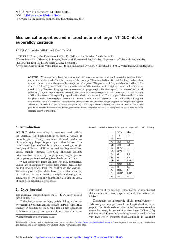 (PDF) Mechanical properties and microstructure of large IN713LC nickel superalloy castings