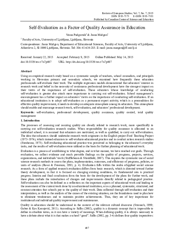(PDF) Self-Evaluation as a Factor of Quality Assurance in Education
