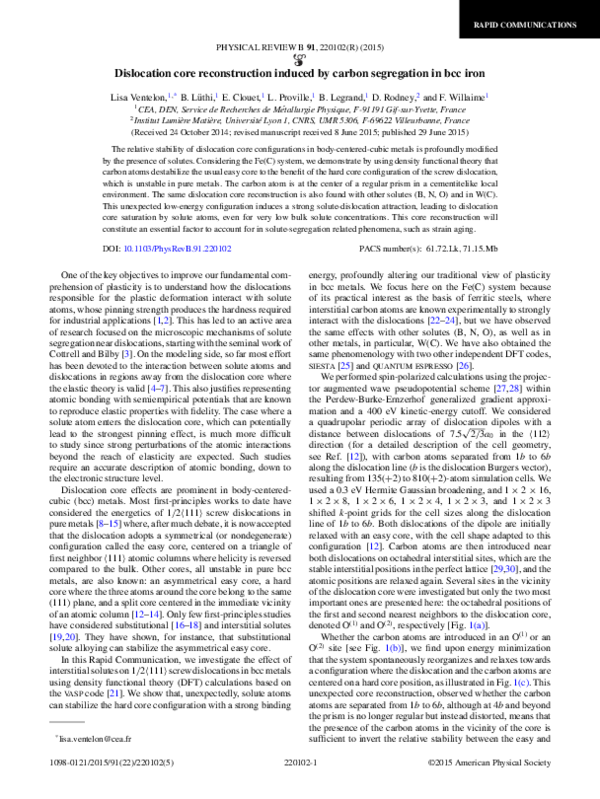 (PDF) Dislocation core reconstruction induced by carbon segregation in ...