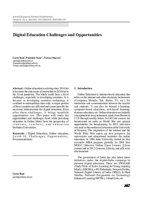 (PDF) Digital Education Challenges and Opportunities