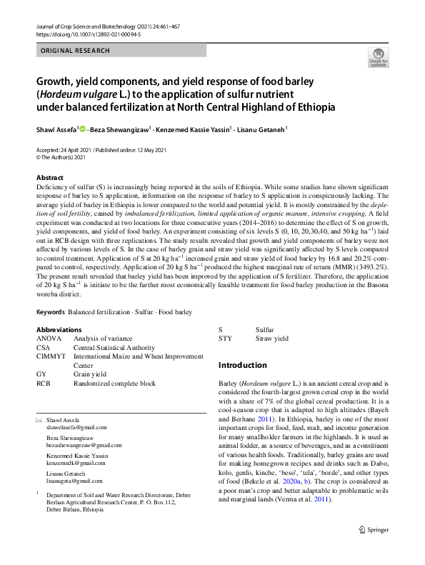 (PDF) Growth, yield components, and yield response of food barley ...