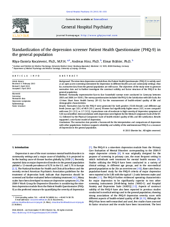 (PDF) Standardization of the depression screener Patient Health ...