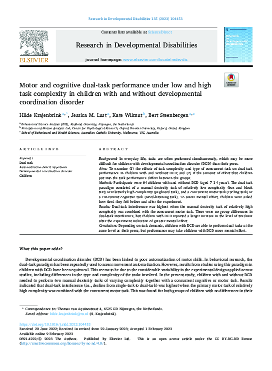 (PDF) Motor and cognitive dual-task performance under low and high task complexity in children ...