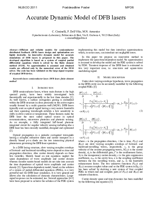 (PDF) Accurate Dynamic Model of DFB lasers | Mario Armenise - Academia.edu