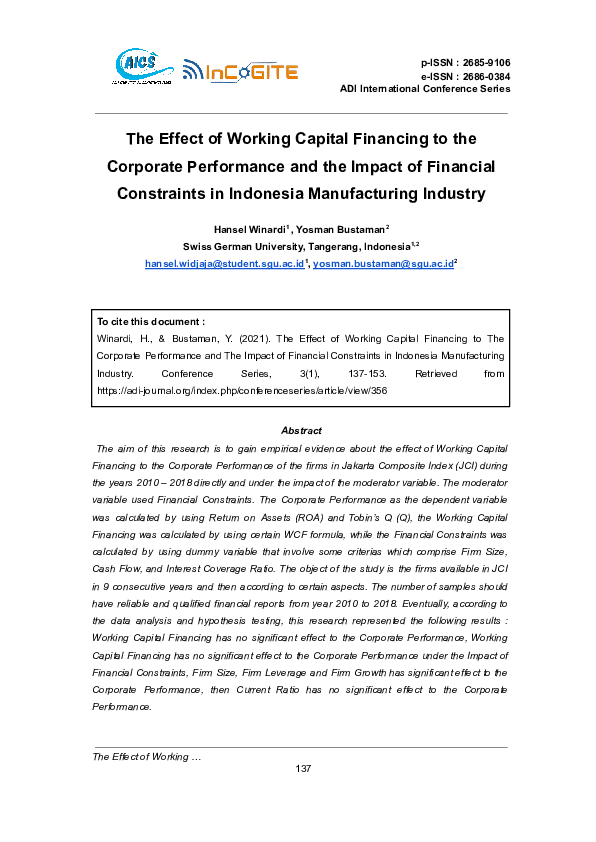 (PDF) The Effect of Working Capital Financing to the Corporate Performance and the Impact of ...