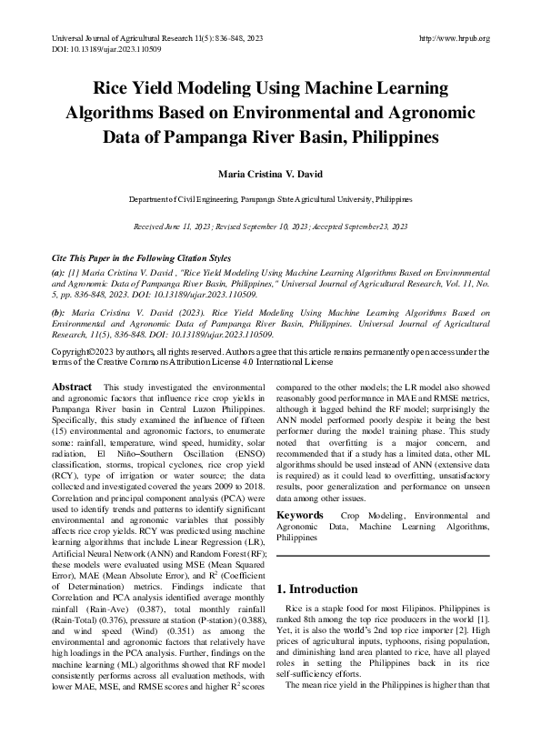 (PDF) Rice Yield Modeling Using Machine Learning Algorithms Based on Environmental and Agronomic ...