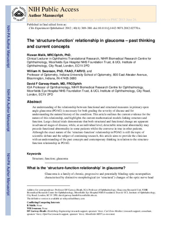 (PDF) ‘Structure–function relationship’ in glaucoma: past thinking and current concepts