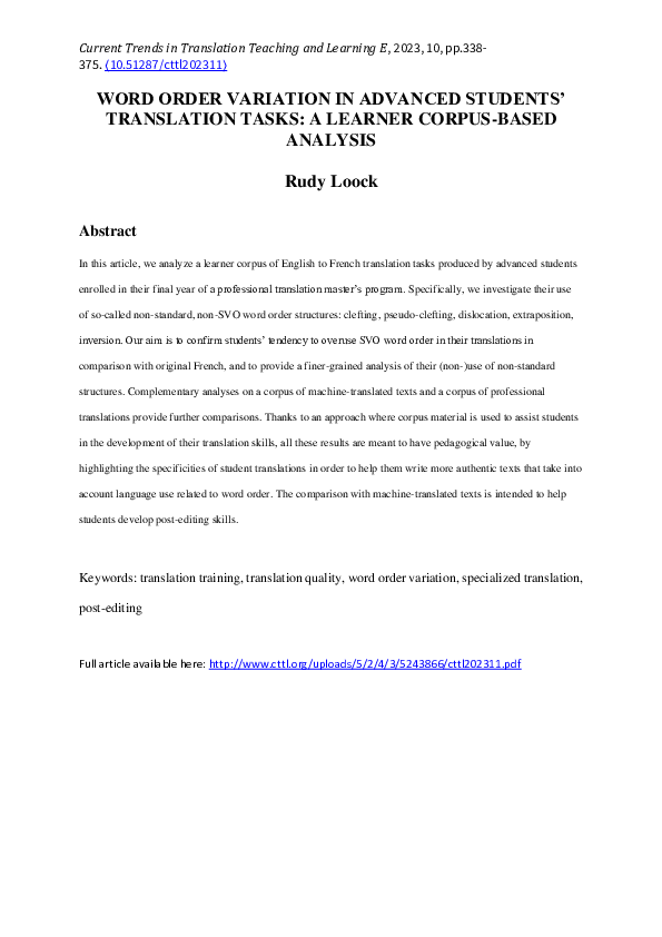 (PDF) Word order variation in advanced students’ translation tasks: a learner corpus-based analysis