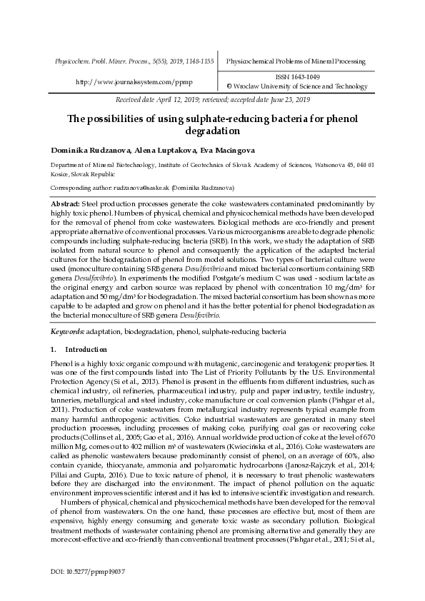 (PDF) The possibilities of using sulphate-reducing bacteria for phenol degradation