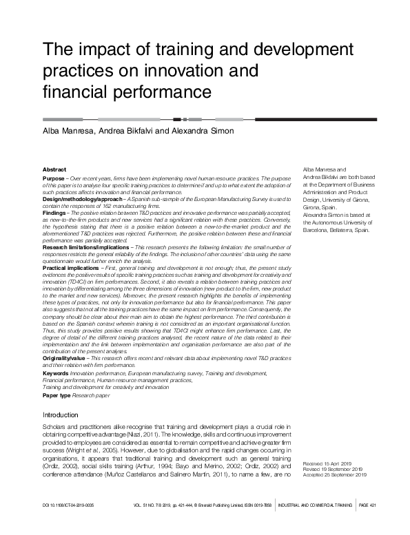 (PDF) The impact of training and development practices on innovation ...