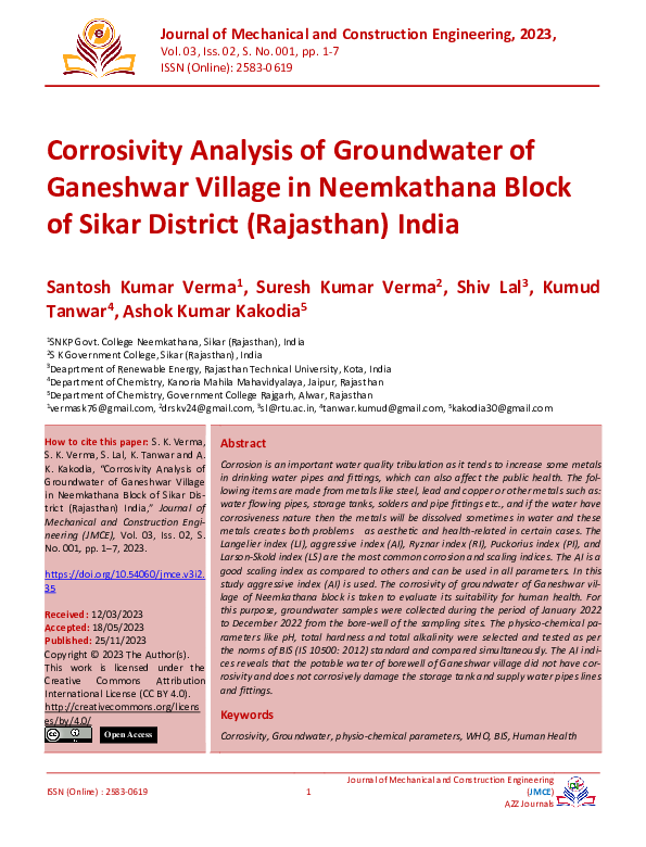 (PDF) Corrosivity Analysis of Groundwater of Ganeshwar Village in ...