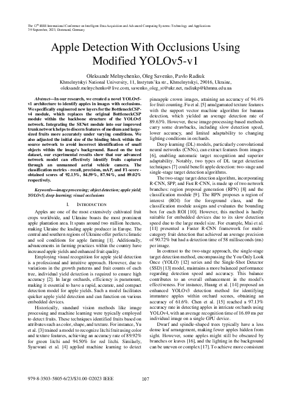 (PDF) Apple Detection With Occlusions Using Modified YOLOv5-v1