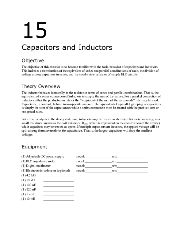 (PDF) Experiment 15: Capacitors and Inductors