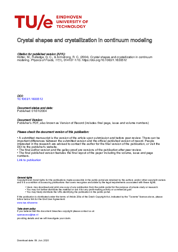 (PDF) Crystal shapes and crystallization in continuum modeling